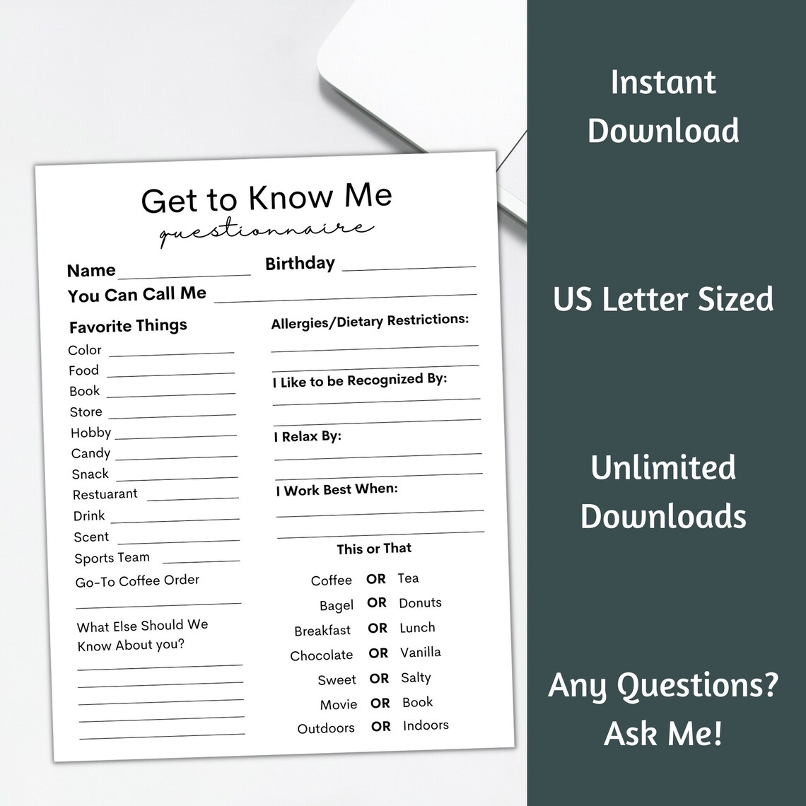 Get to Know Me Survey, Employee Questionnaire, Gift Exchange Survey, Coworker Questions ...