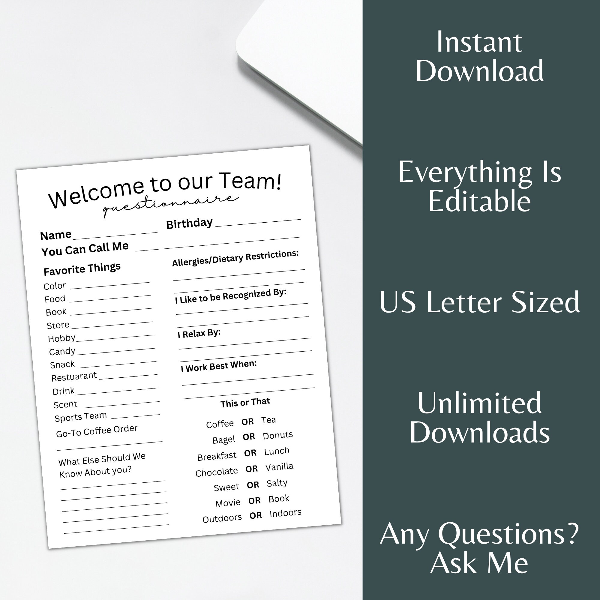 Get to Know Me Survey, Coworker Questions, Favorites Quiz, Employee ...