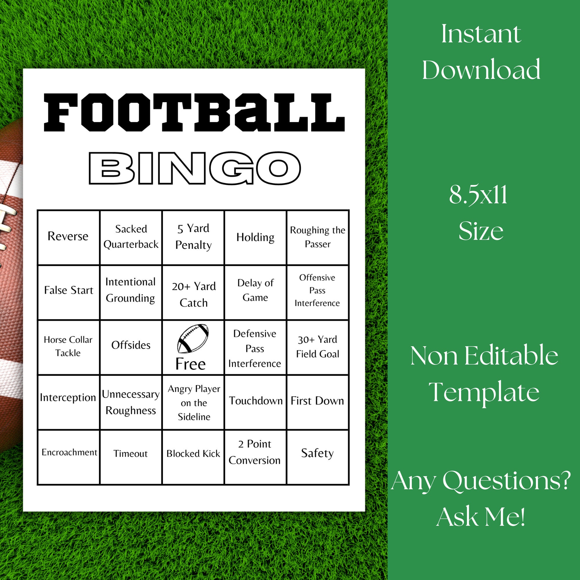 Football Bingo, Super Bowl Party Game, Football Bingo Board, Football ...