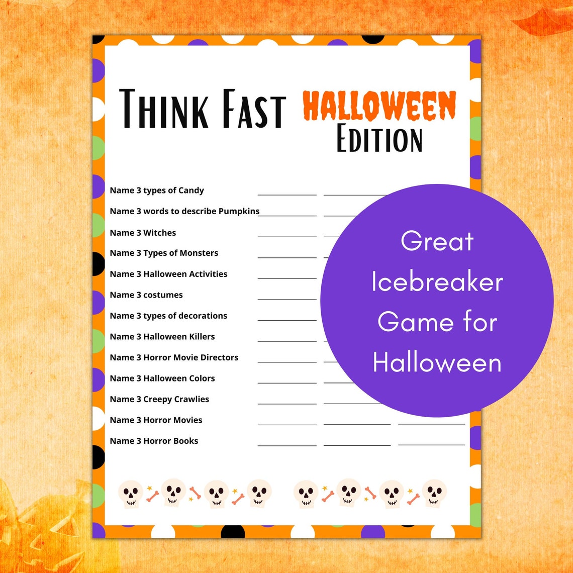 Think Fast Printable Scattergories Halloween Party Game, Halloween ...