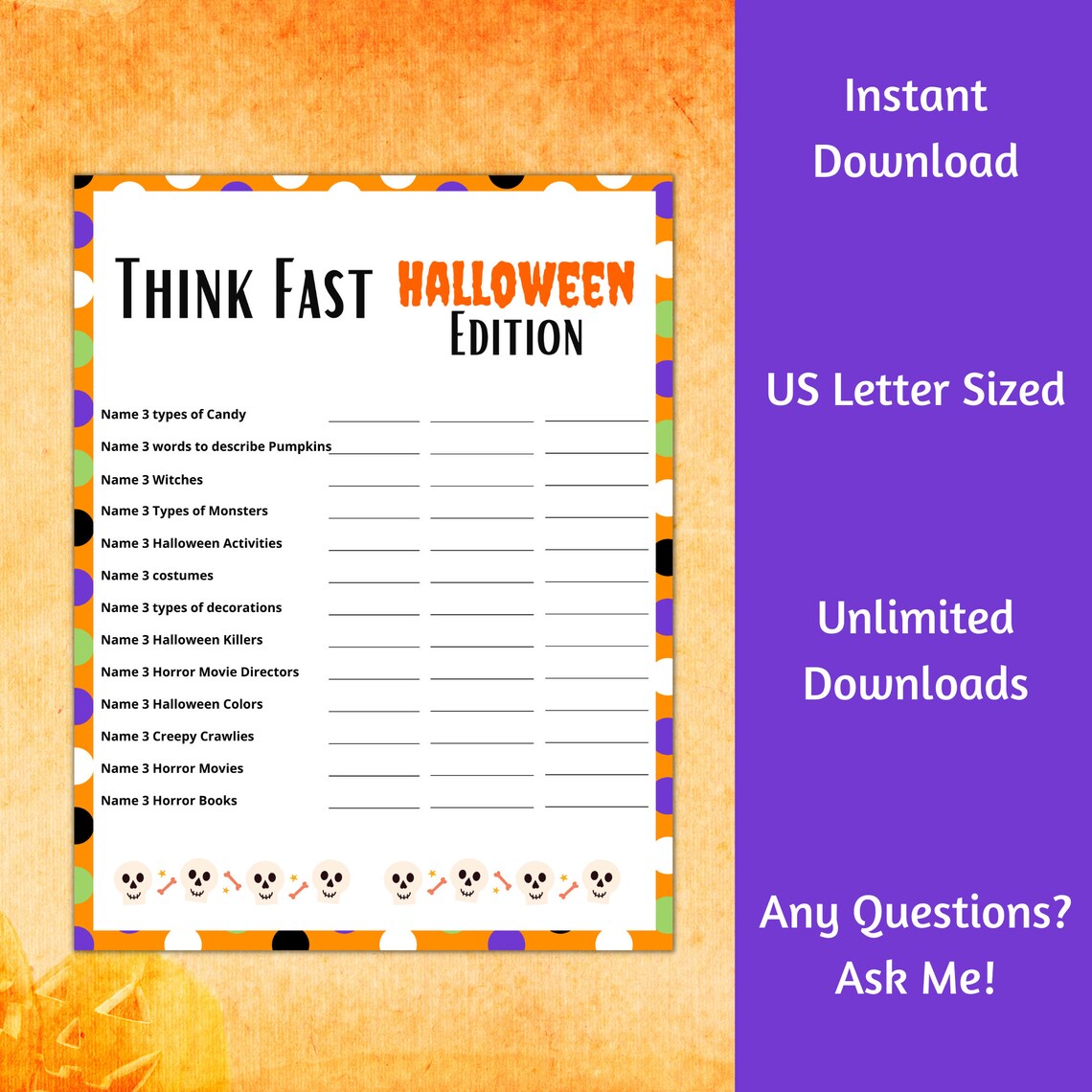 Think Fast Printable Scattergories Halloween Party Game, Halloween ...