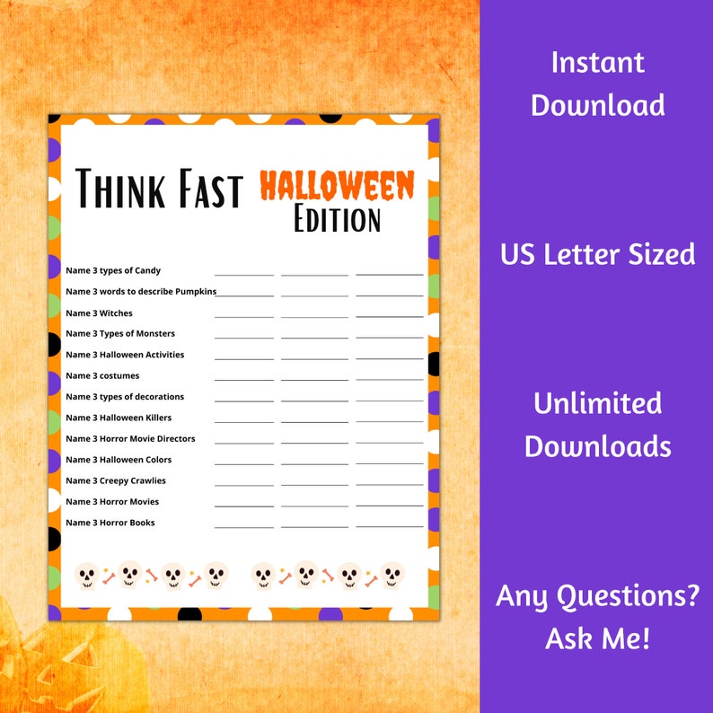 Think Fast Printable Scattergories Halloween Party Game, Halloween ...