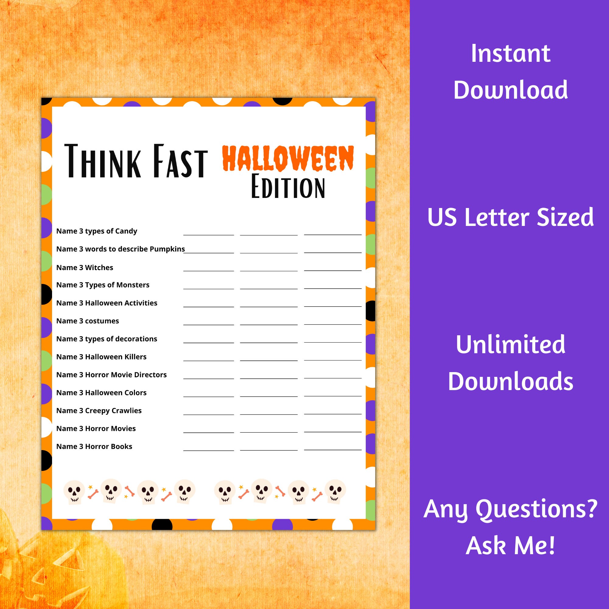 Think Fast Printable Scattergories Halloween Party Game, Halloween ...