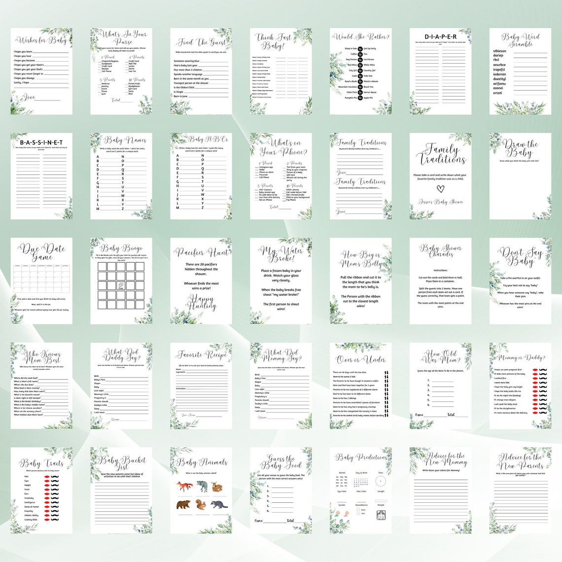 EDITABLE Gender Neutral Greenery Baby Shower Games Bundle, Modern Baby ...