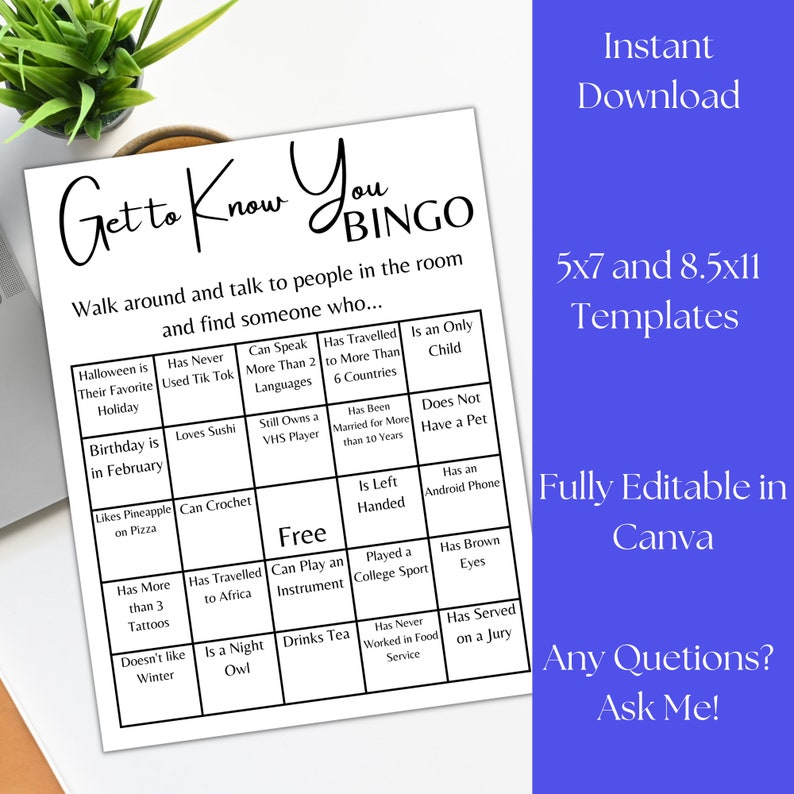 Find the Guest Human Bingo, Get to Know You Icebreaker Party Games ...