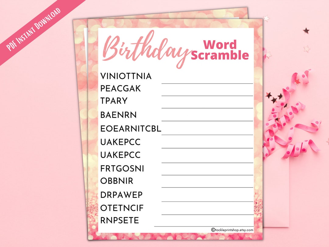 Pink and Gold Birthday Word Scramble Printable Group Party Game ...