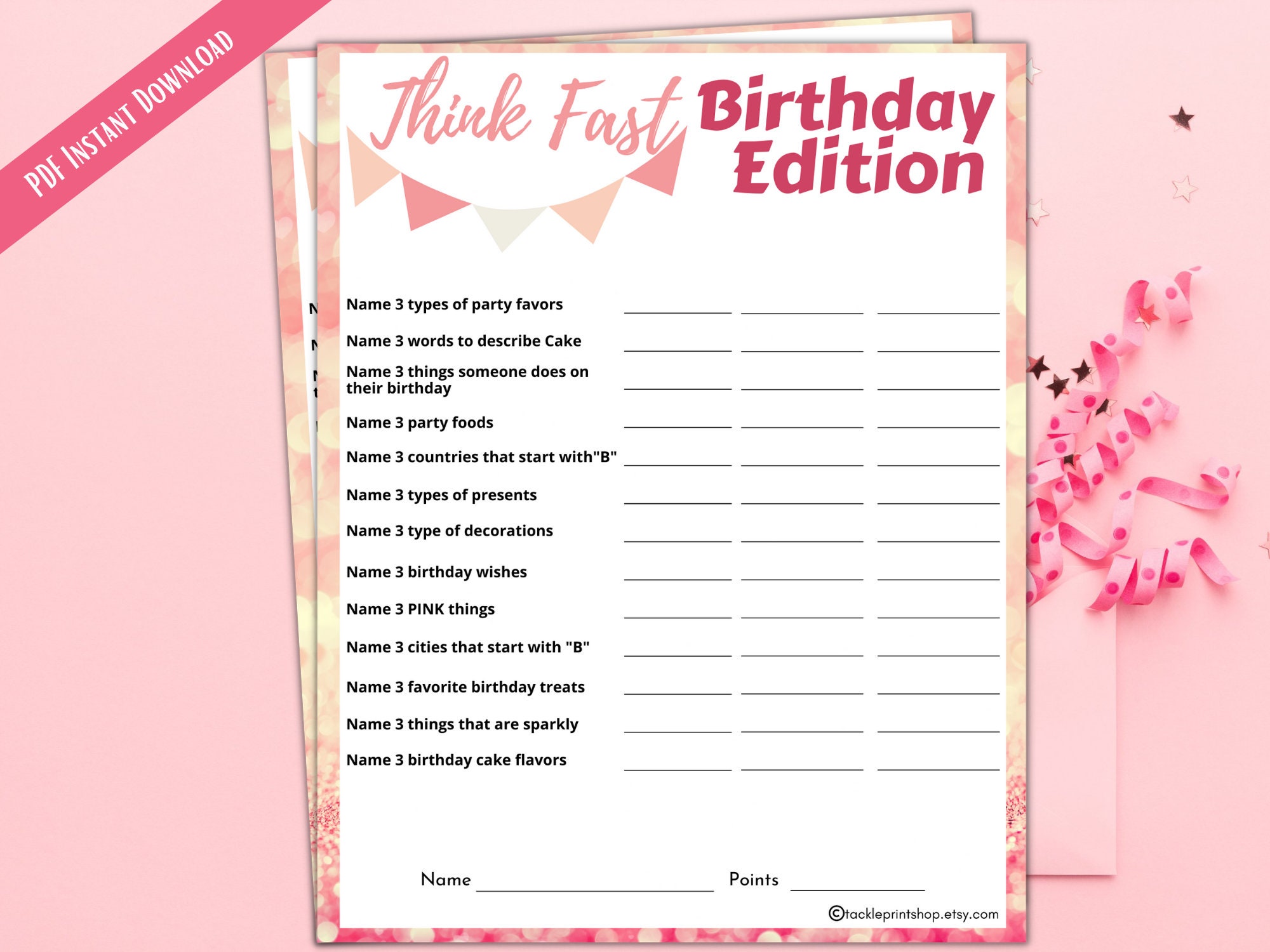 Pink and Gold Birthday Think Fast Large Group Printable Party Game ...