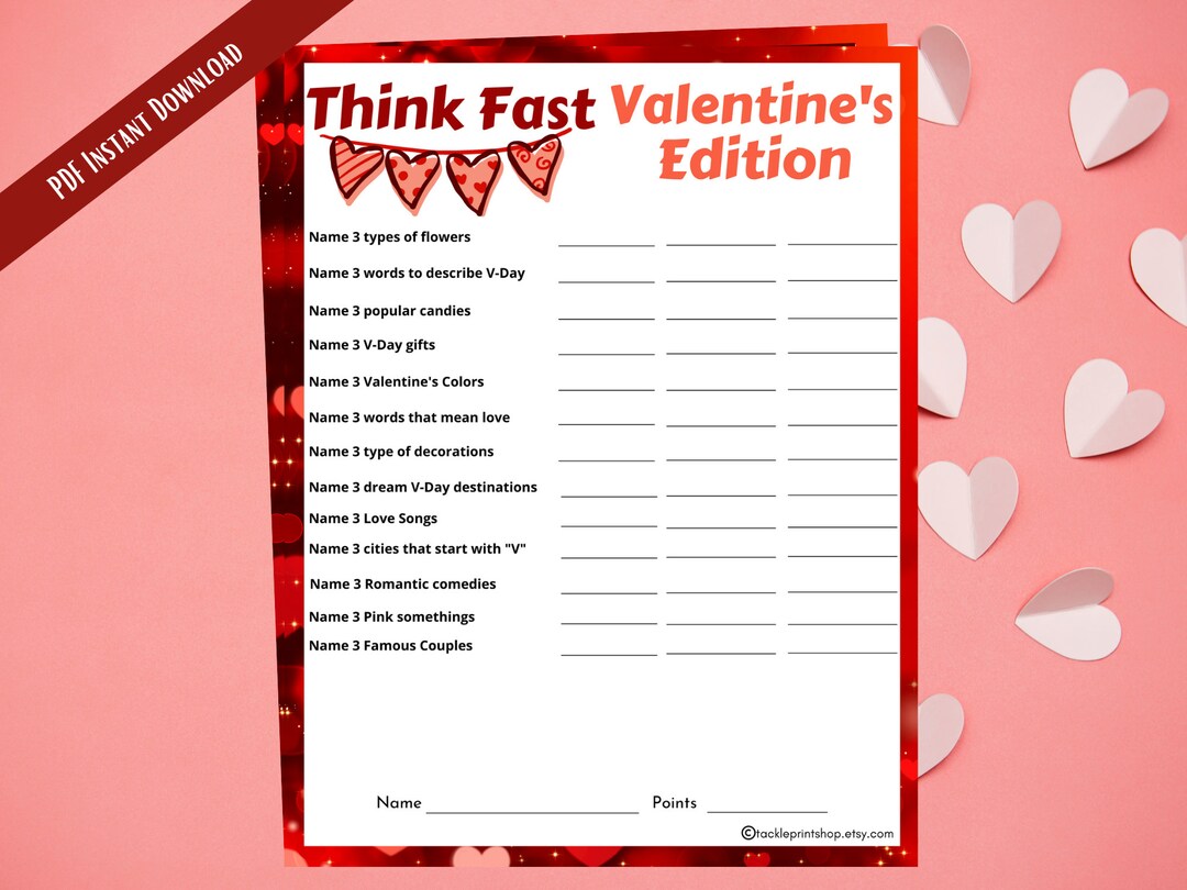 Think Fast - Valentine's Day Edition Love Themed Printable Group Party ...