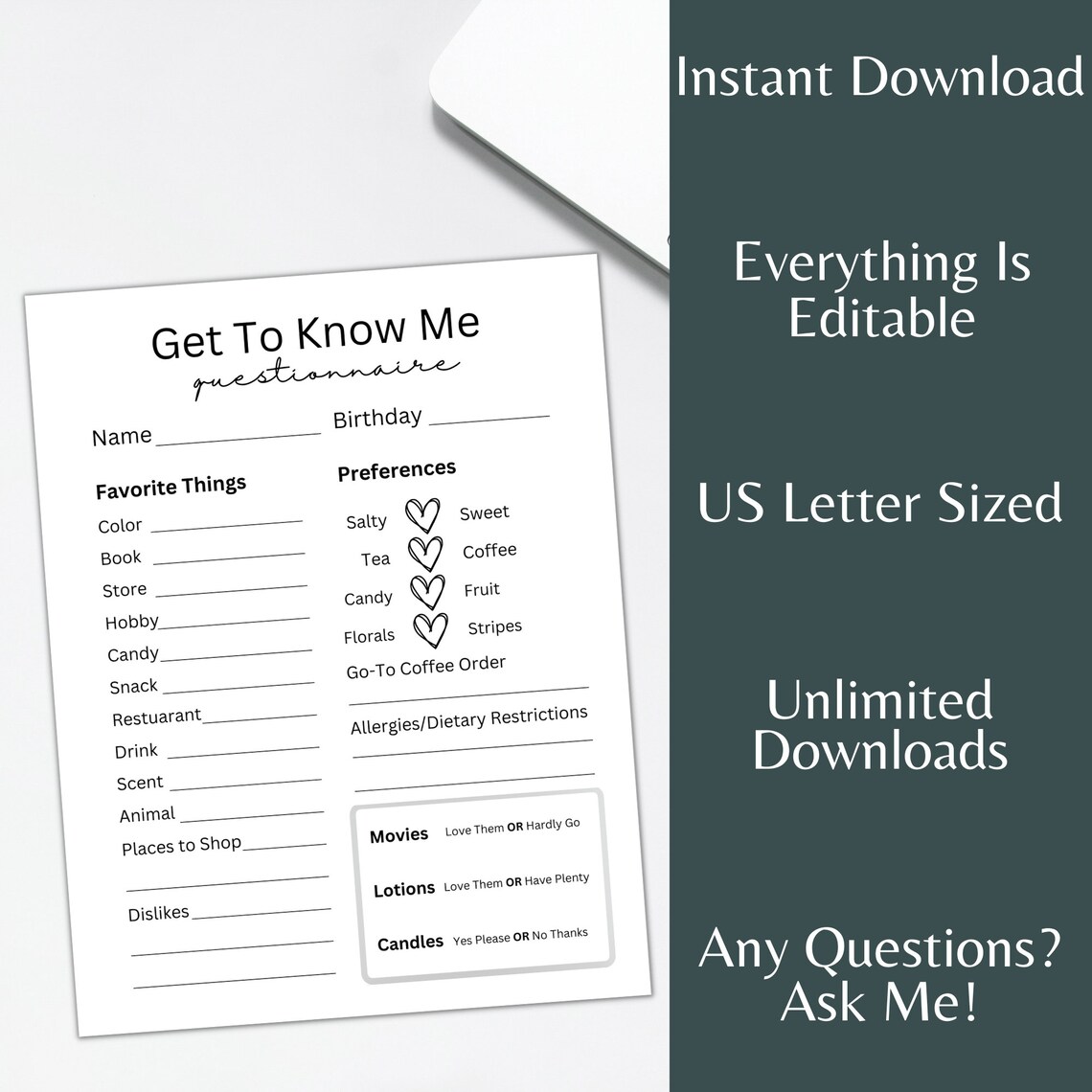Get to Know Me Survey, Coworker Questions, Favorites Quiz, Employee ...