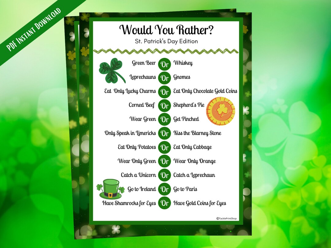 St. Patricks Day Would You Rather Printable Group Party Game - Etsy