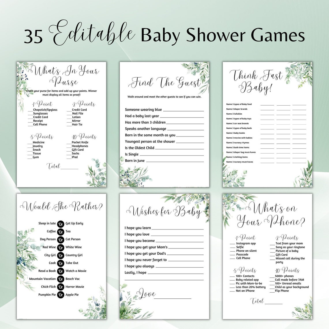 EDITABLE Gender Neutral Greenery Baby Shower Games Bundle, Modern Baby ...
