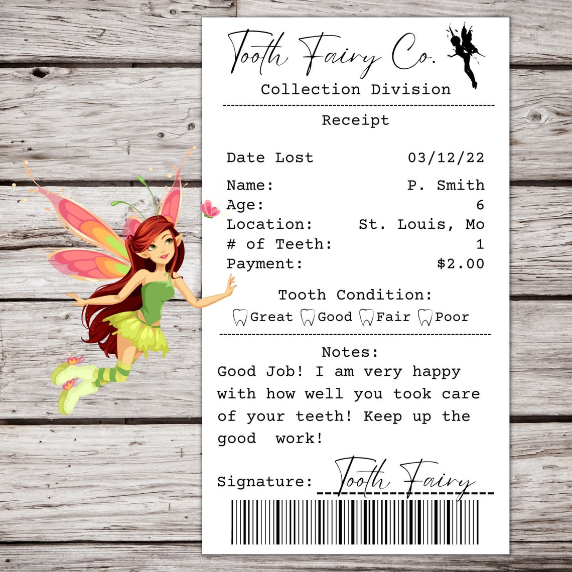 Tooth Fairy Receipt, Tooth Fairy Letter, Lost Tooth Record, Official ...