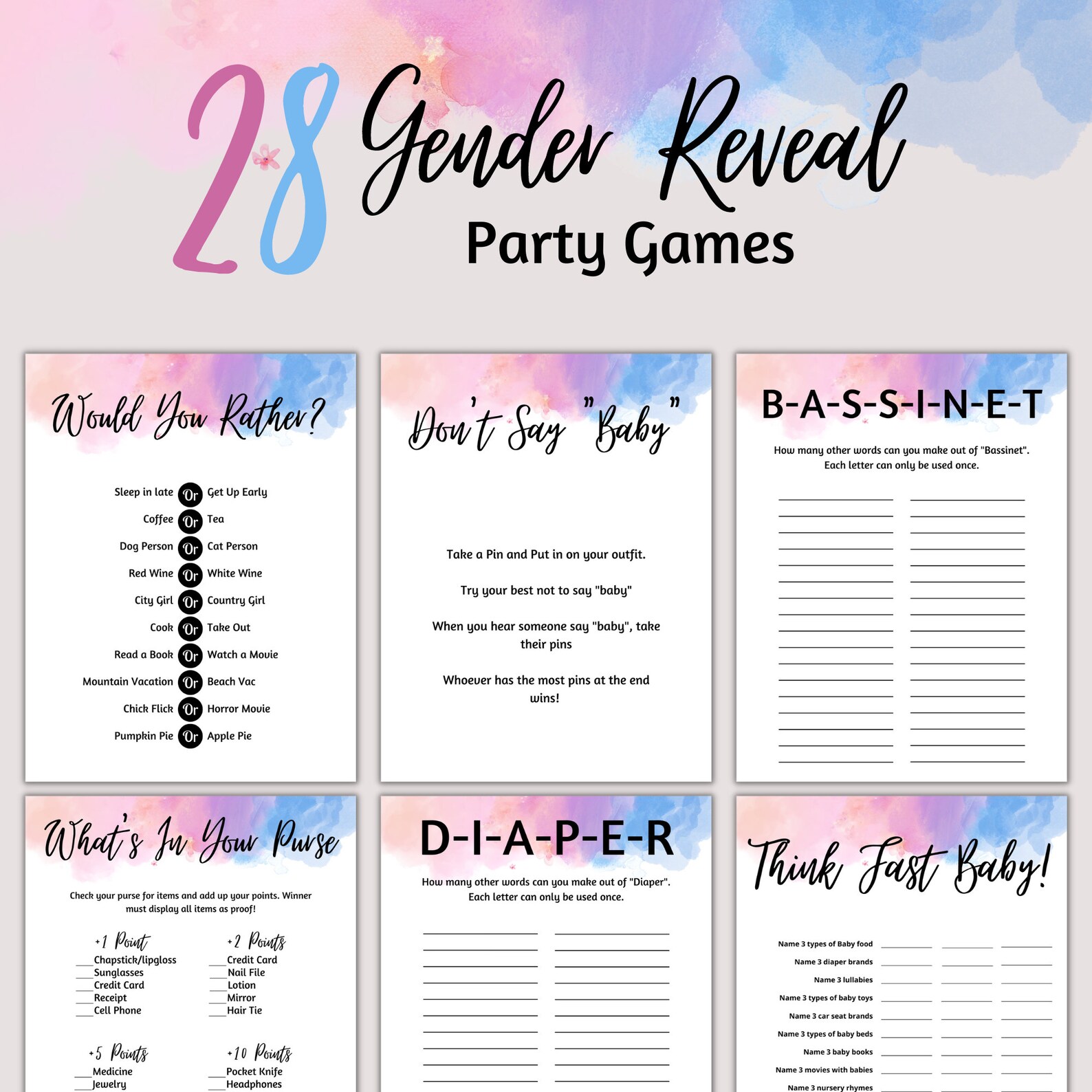 Gender Reveal Games Bundle, Gender Reveal Games, Gender Reveal Party Games, Blue Pink Gender ...