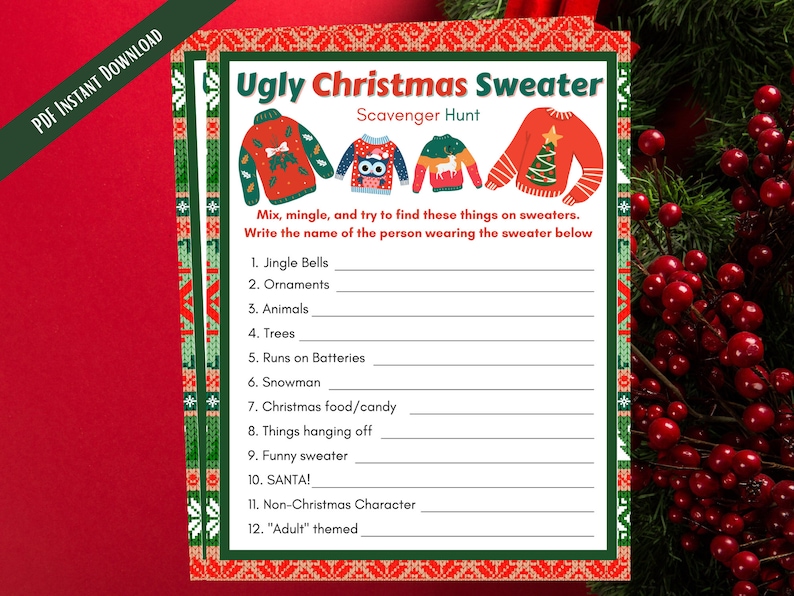 Ugly Holiday Sweater Scavenger Hunt Party Game, Find Someone Who ...