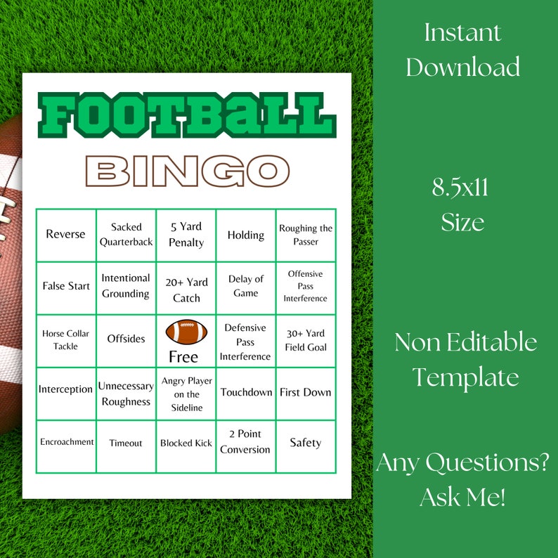 Football Bingo, Super Bowl Party Game, Football Bingo Board, Football ...