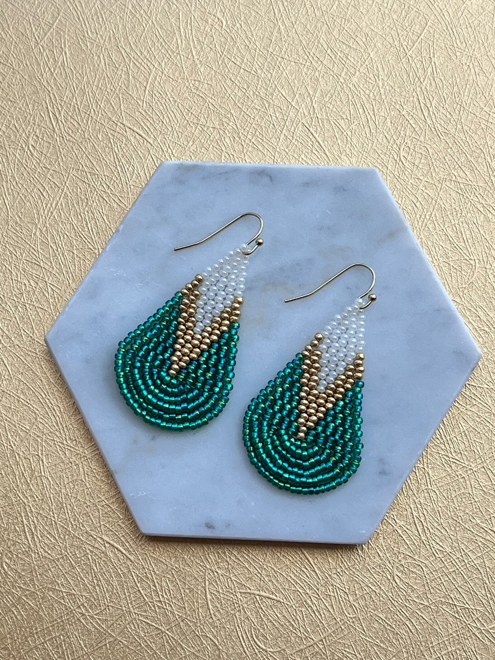 Mermaid Teardrop Beaded Earrings, Handmade Earrings, Turquoise, Gold ...