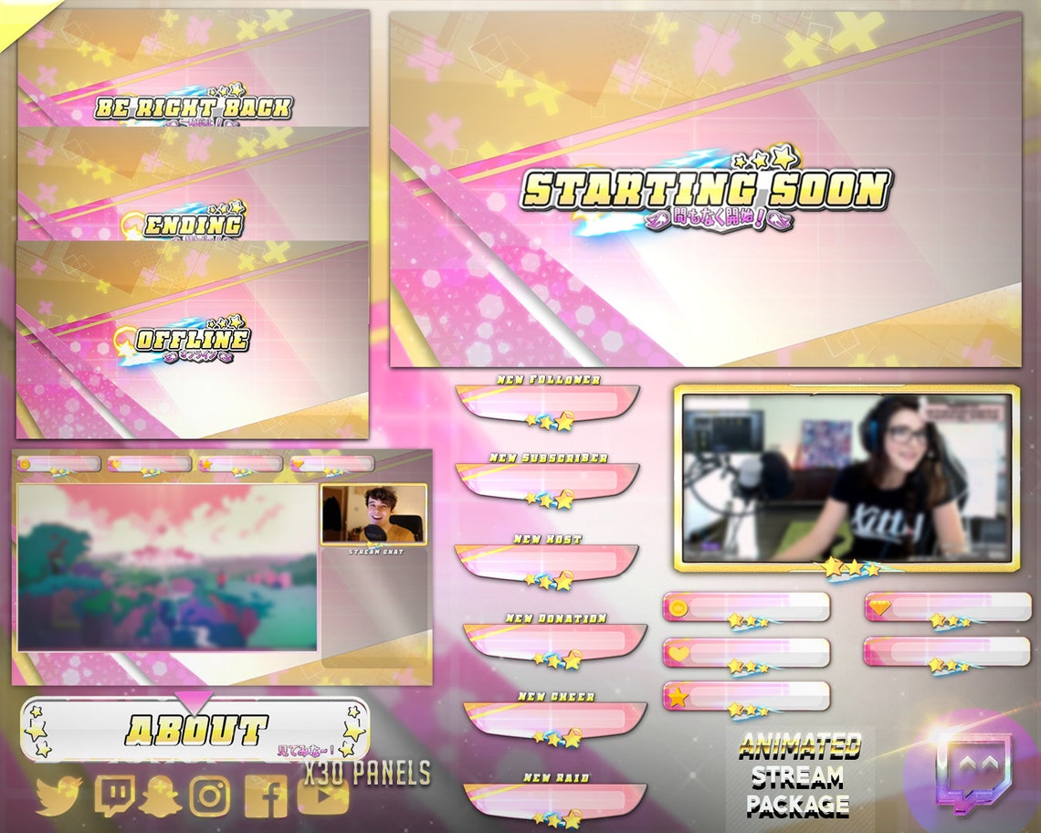 Animated Kawaii Stream Overlays Pack Twitch Cute Kawaii Pink Anime ...