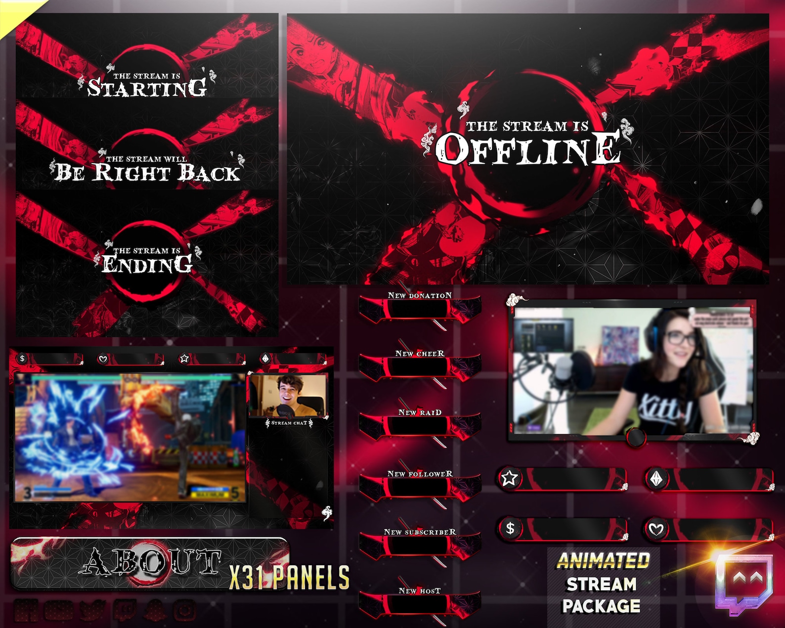 Animated Anime Twitch Overlay Pack for Stream | Oni Blade | Demon ...