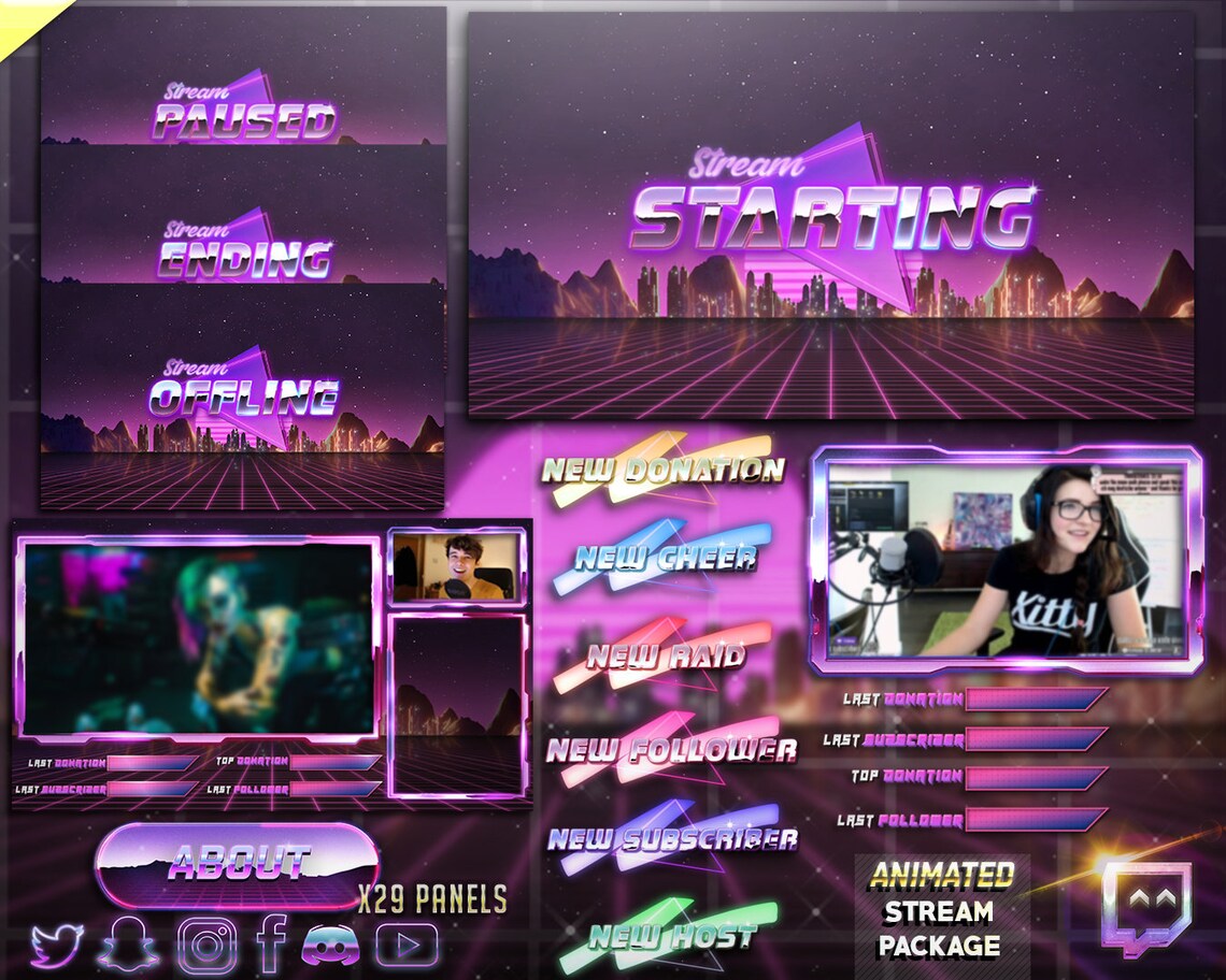 Animated Synthwave Stream Overlays Pack Twitch Synthwave Vaporwave ...