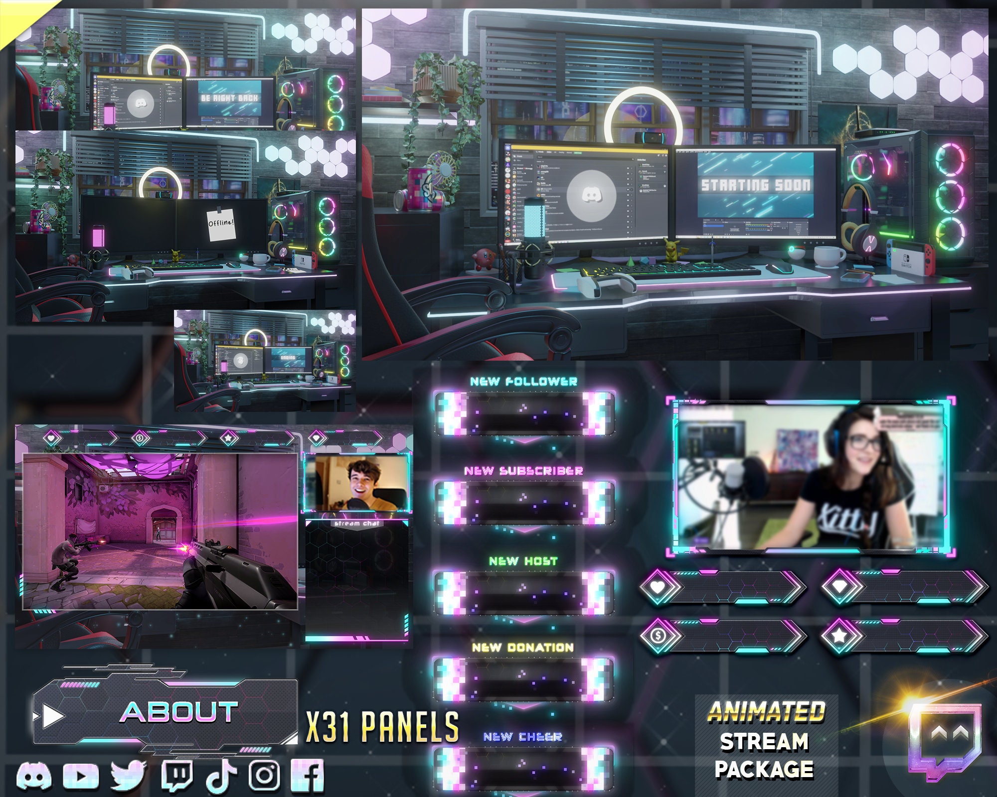 Twitch Animated Overlay Pack for Stream | Gamer HQ | Desk - Computer - Cozy - Vibrant - Neon ...