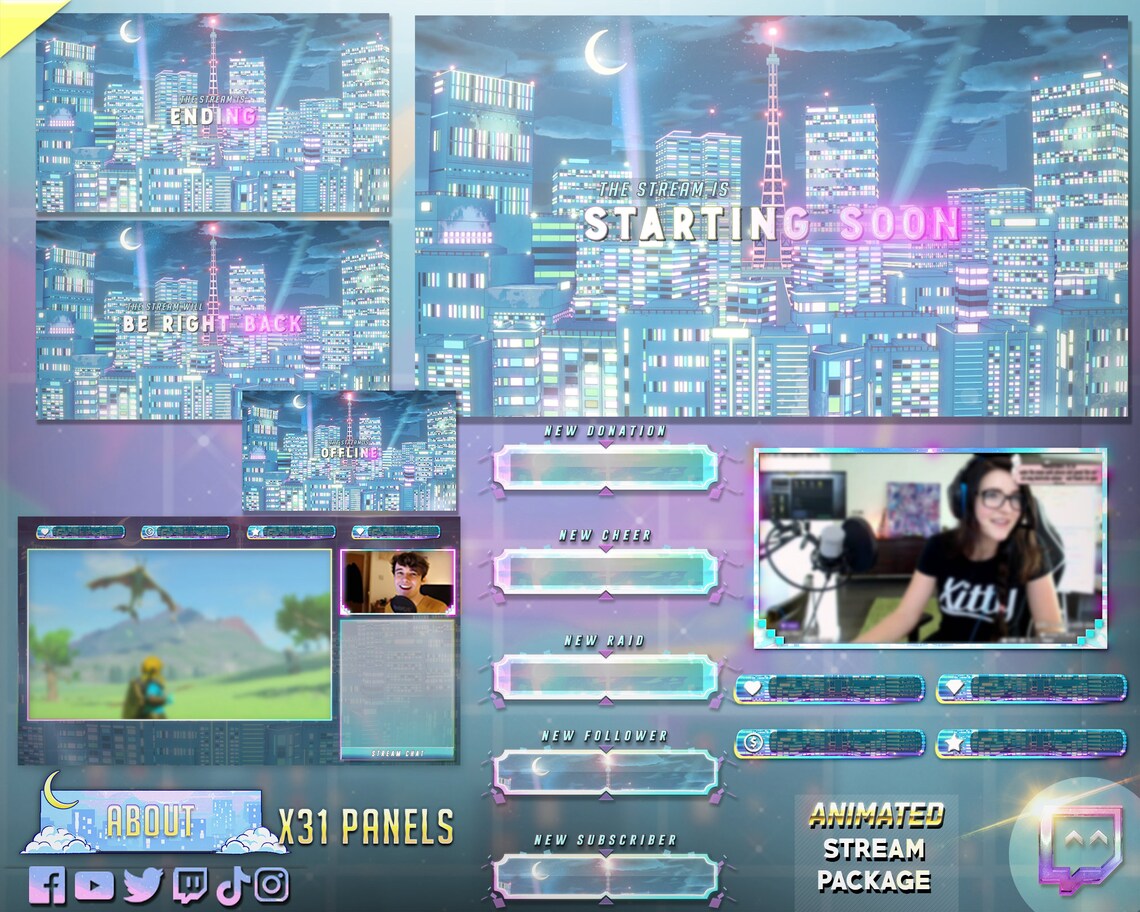 Animated Aesthetic Twitch Overlay Pack for Stream City Pop - Etsy