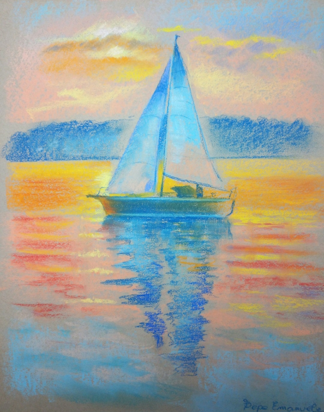 Boat at Sunset, Chalk on Sheet 2735 Cm - Etsy