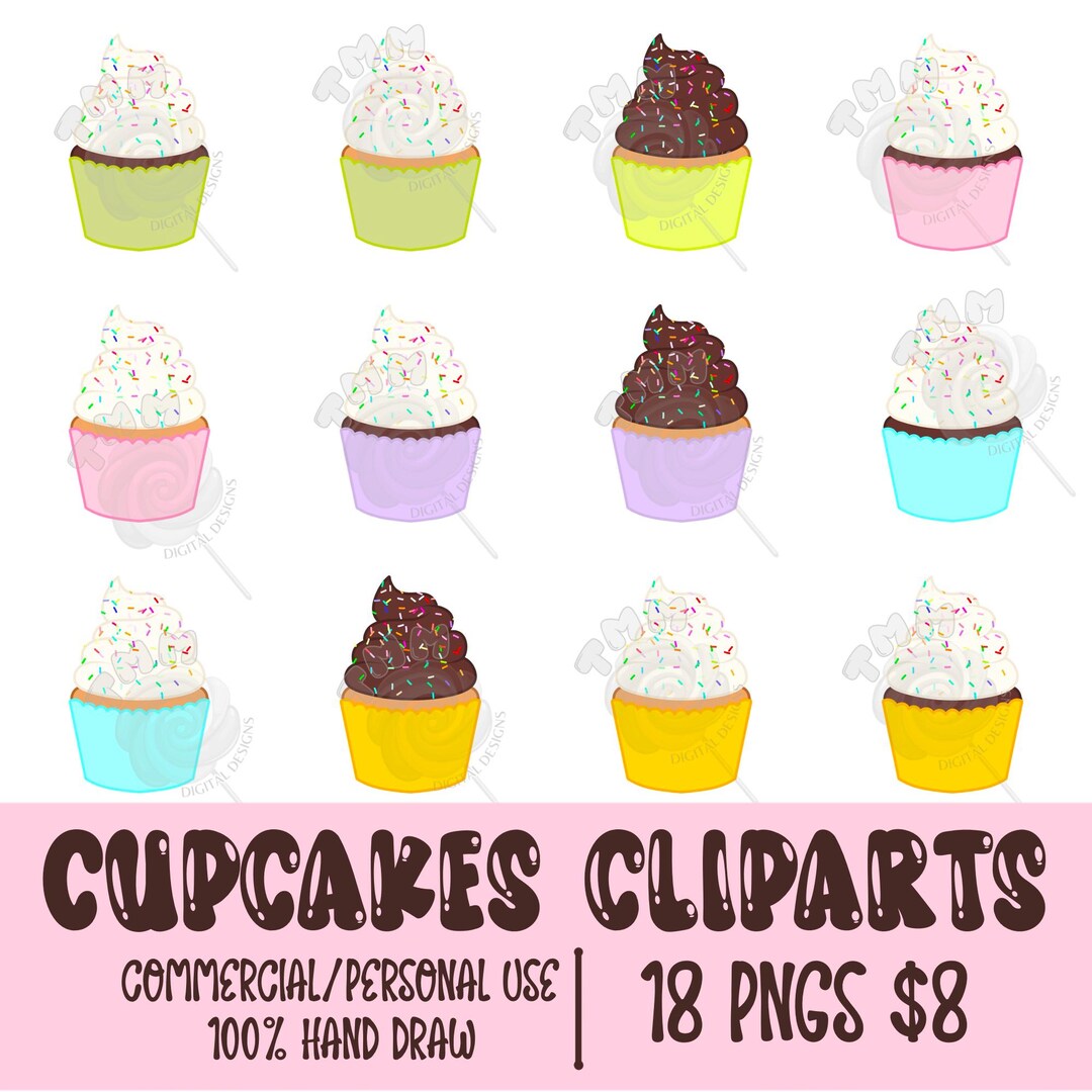 Cupcakes Cliparts Hand Drawn, Birthday Cupcakes Clipart for Digital Use ...