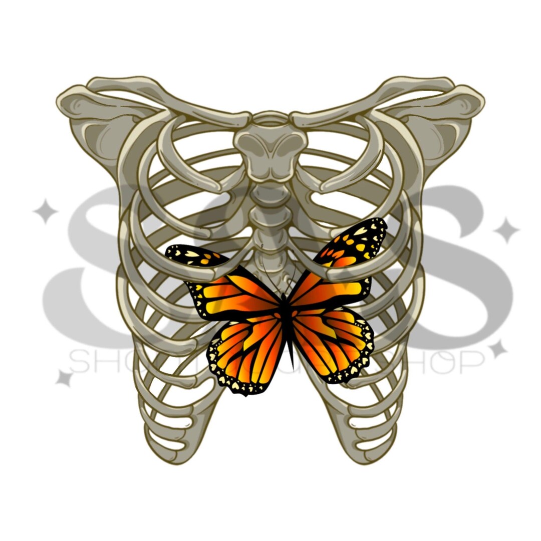 Skeleton Ribs With Orange Butterfly Clipart Png Perfect for Decals ...