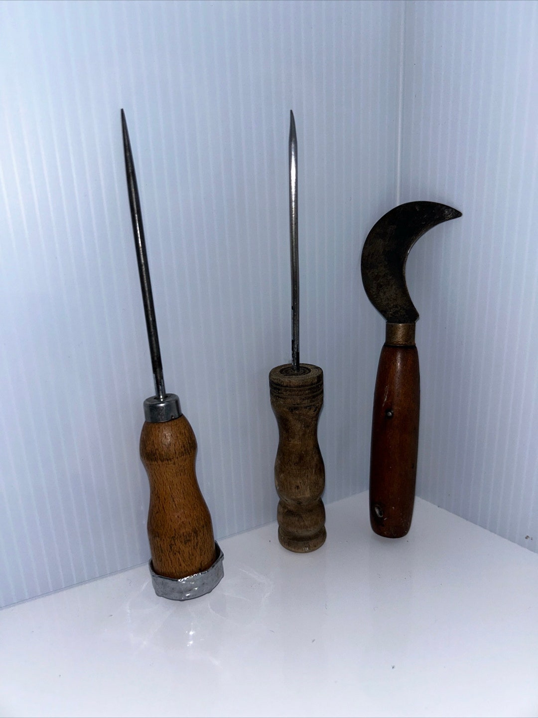3 Vintage /antique Handmade Tools 2 Metal Ice Pick & Hooked Knife Wood ...