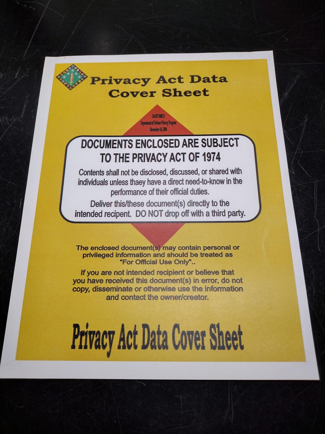 US Government Privacy Act Data Cover Sheet Laminated Heavy Paper Sign ...