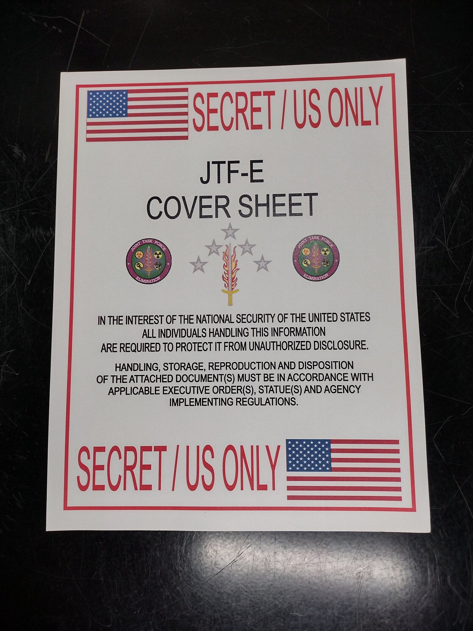 US Government Secret National Security Document Heavy Paper Cover Sheet ...