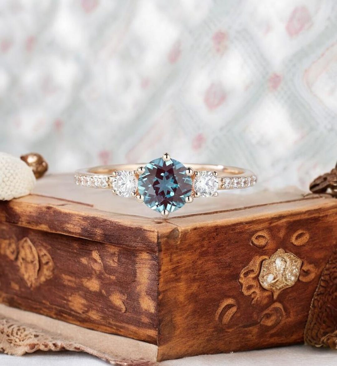Round Cut Alexandrite Engagement Ring Set Unique Rose Gold Diamond ...
