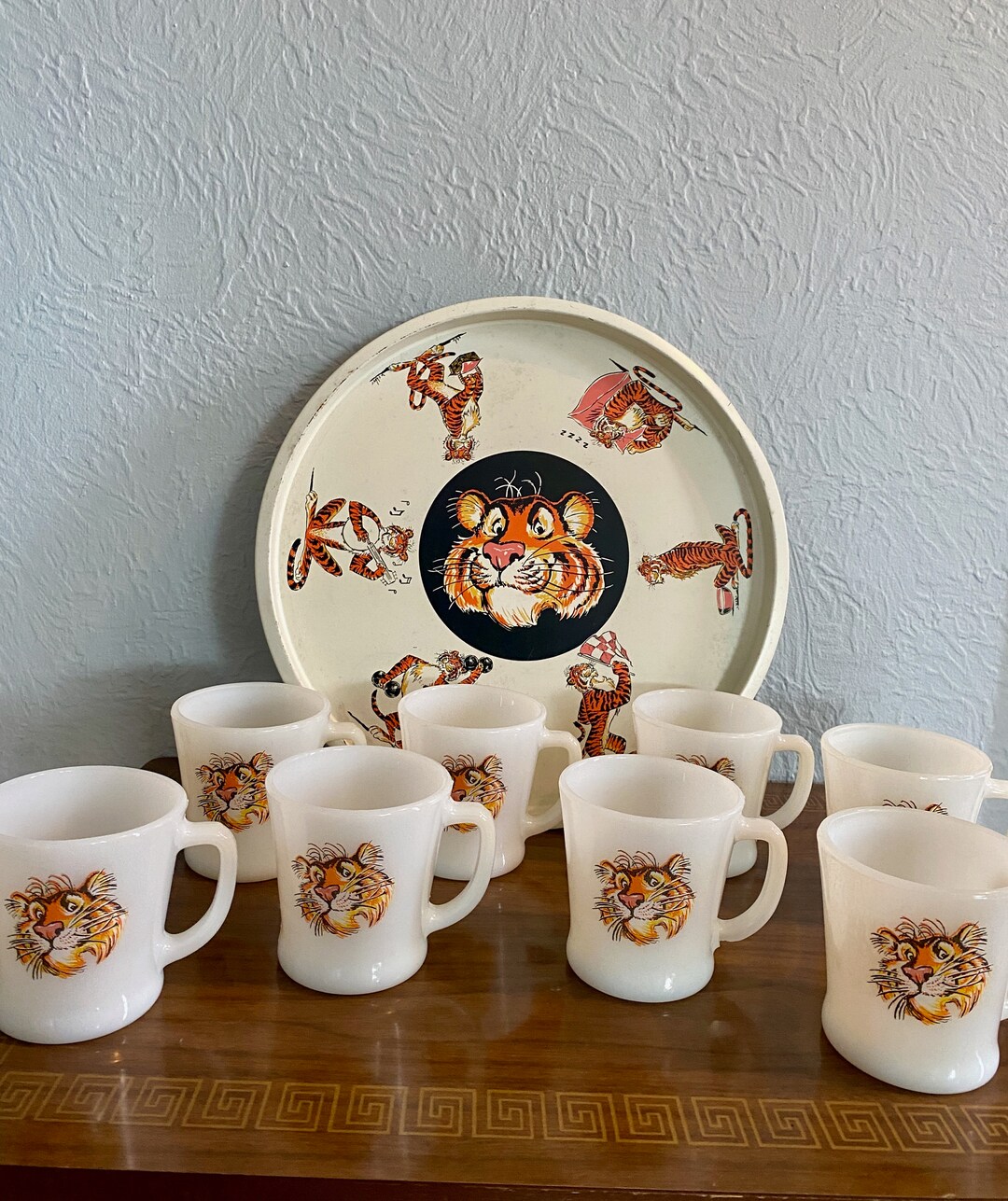 1950-60s Exxon Tiger Milk Glass Coffee Mug Set With Serving Tray, Fire ...