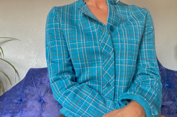 1960's Teal-Blue Plaid Cardigan-Jacket, Vintage Sweat… - Gem