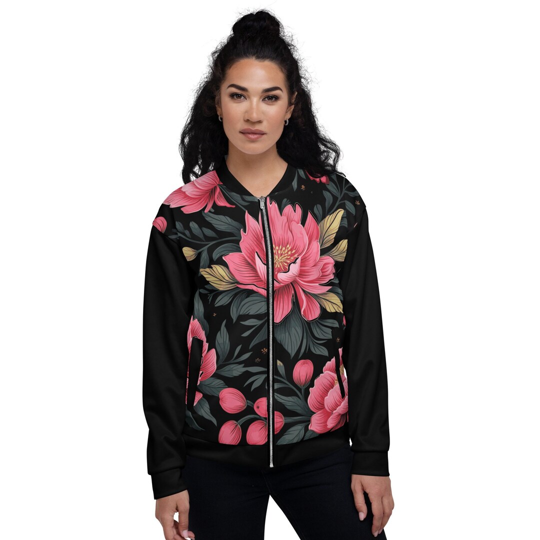 Unisex Bomber Jacket, Roses Bomber Jacket, Floral Bomber Jacket, Black ...