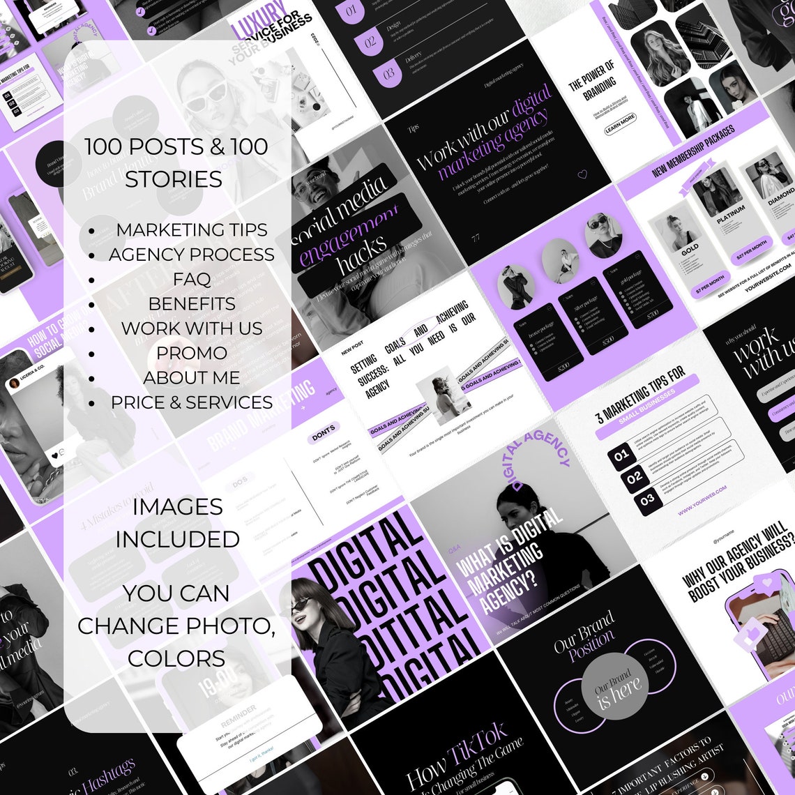 200 Digital Marketing Agency Social Media Posts Canva Purple ...