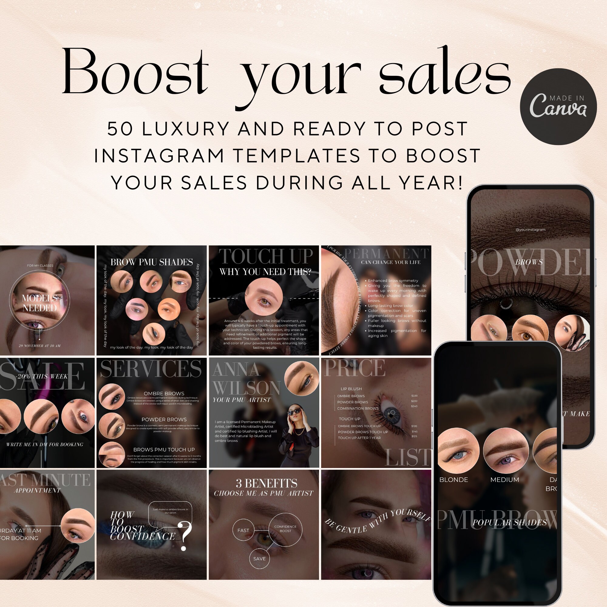 PMU Brows Instagram Template, Microblading Instagram Canva Template ...