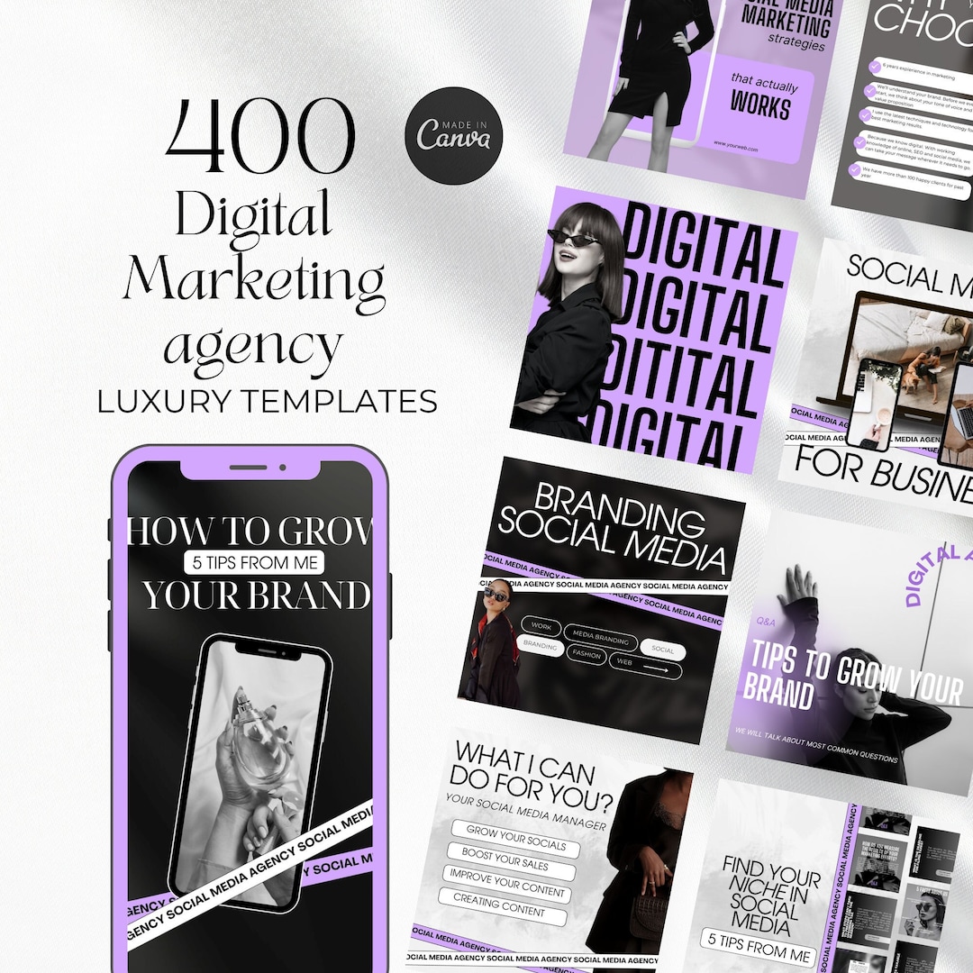 400 Digital Marketing Agency Bundle Social Media Posts Canva Purple ...