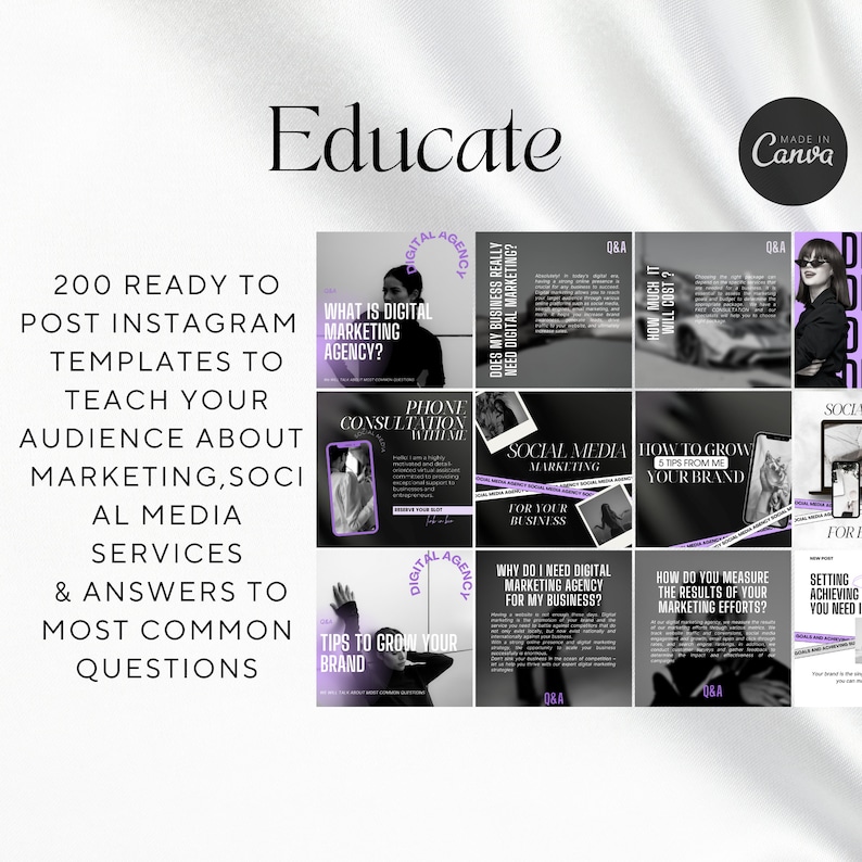 400 Digital Marketing Agency Bundle Social Media Posts Canva Purple ...