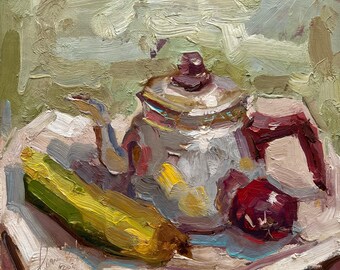 Still Life Original Art Kettle With Cups Oil Painting Kitchen Wall Art ...