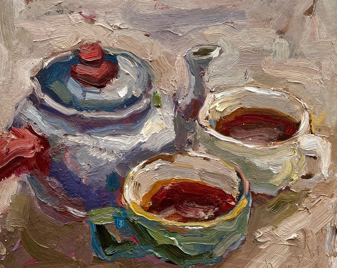 Still Life Original Art Kettle With Cups Oil Painting Kitchen Wall Art ...