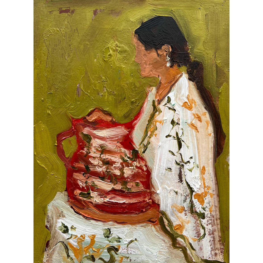 Woman With Red Jug Oil Painting, Figurative Still Life, Mediterranean ...