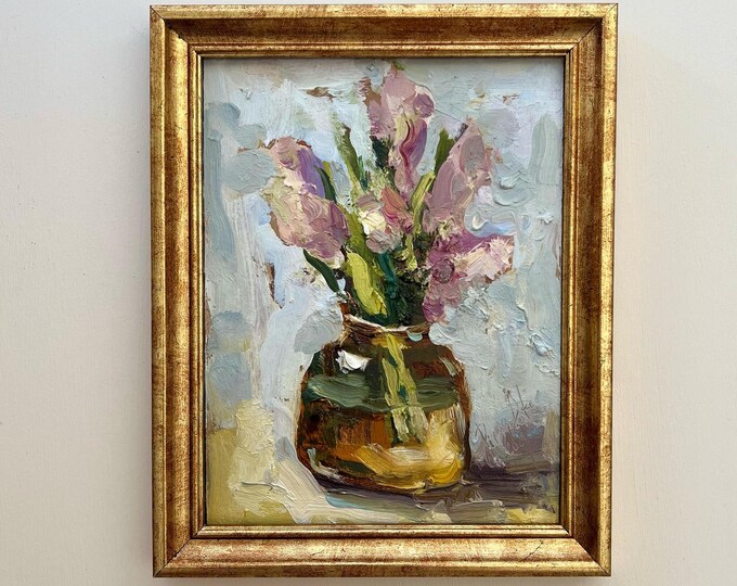 Floral Painting Pink Hyacinths Original Art Framed Impasto Semi ...
