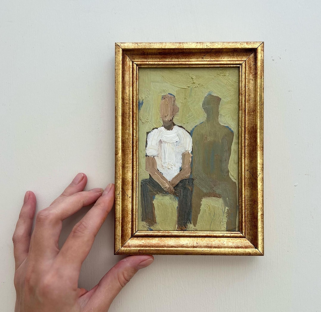 Two Friends, Two Guys Sitting on a Bench, Original Oil Painting ...