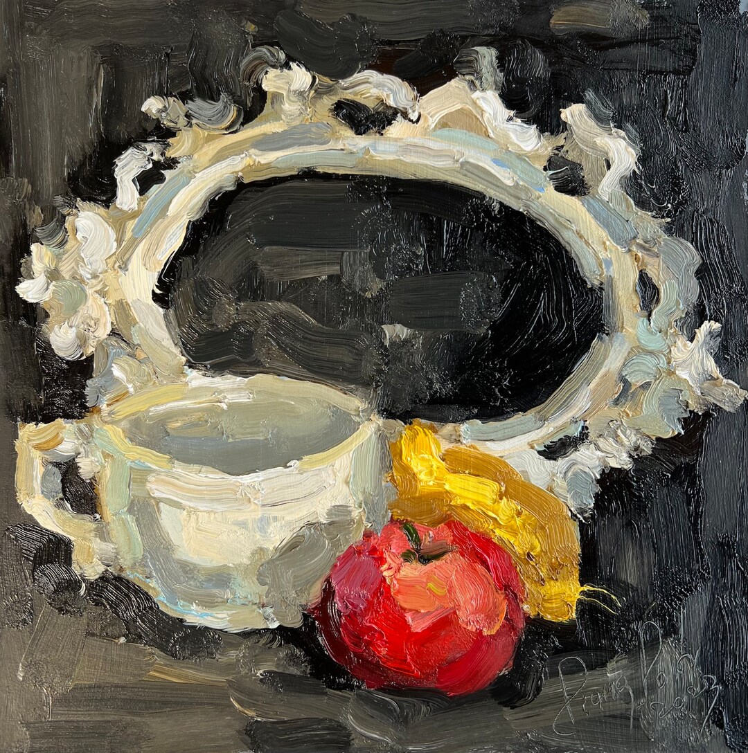 Lemon With Apple Painting Kitchen Wall Art Impasto Abstract Artwork ...