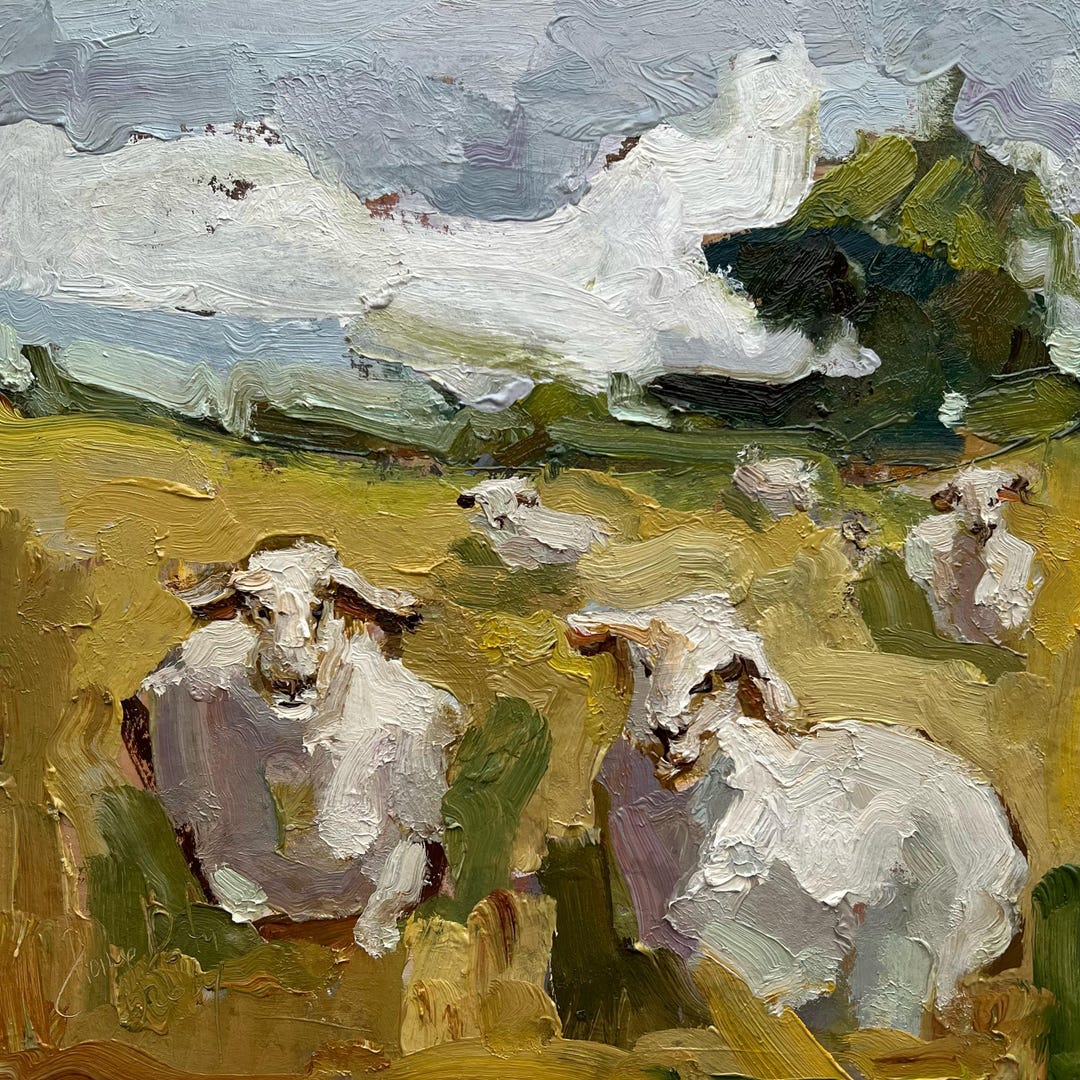 Sheep Painting, Landscape Field Art, Nature Art, Meadow Painting ...