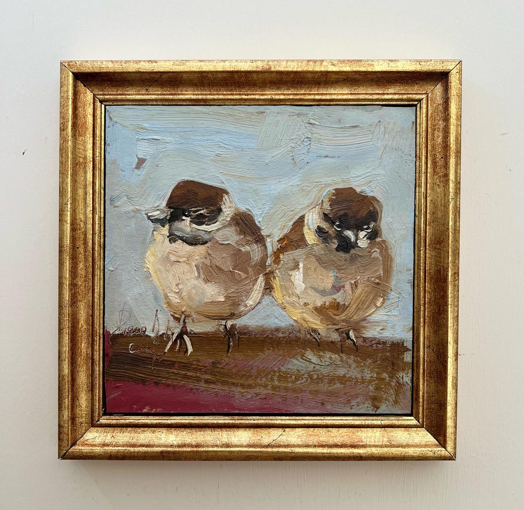 Sparrows Oil Painting: Semi Abstract Bird Artwork, Framed Wall Decor ...