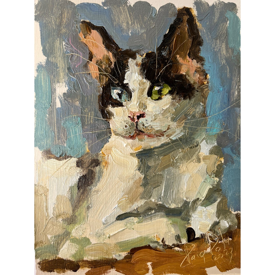 Cat Portrait Cat Oil Painting White Cat Art Work Cat Lovers Gift Cat ...