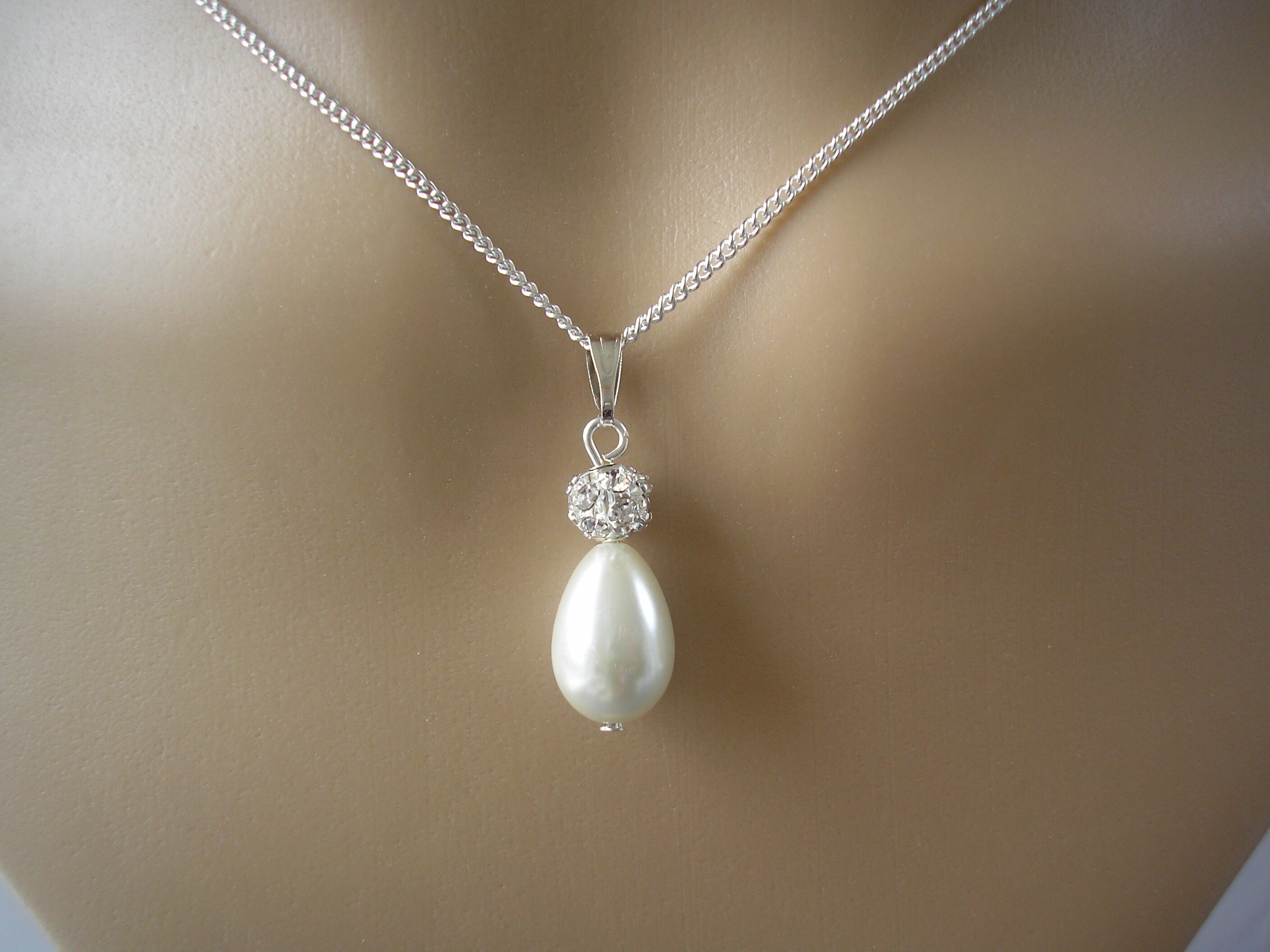 Single Teardrop Pearl & Pave Crystal Diamante Necklace for Women, Drop ...