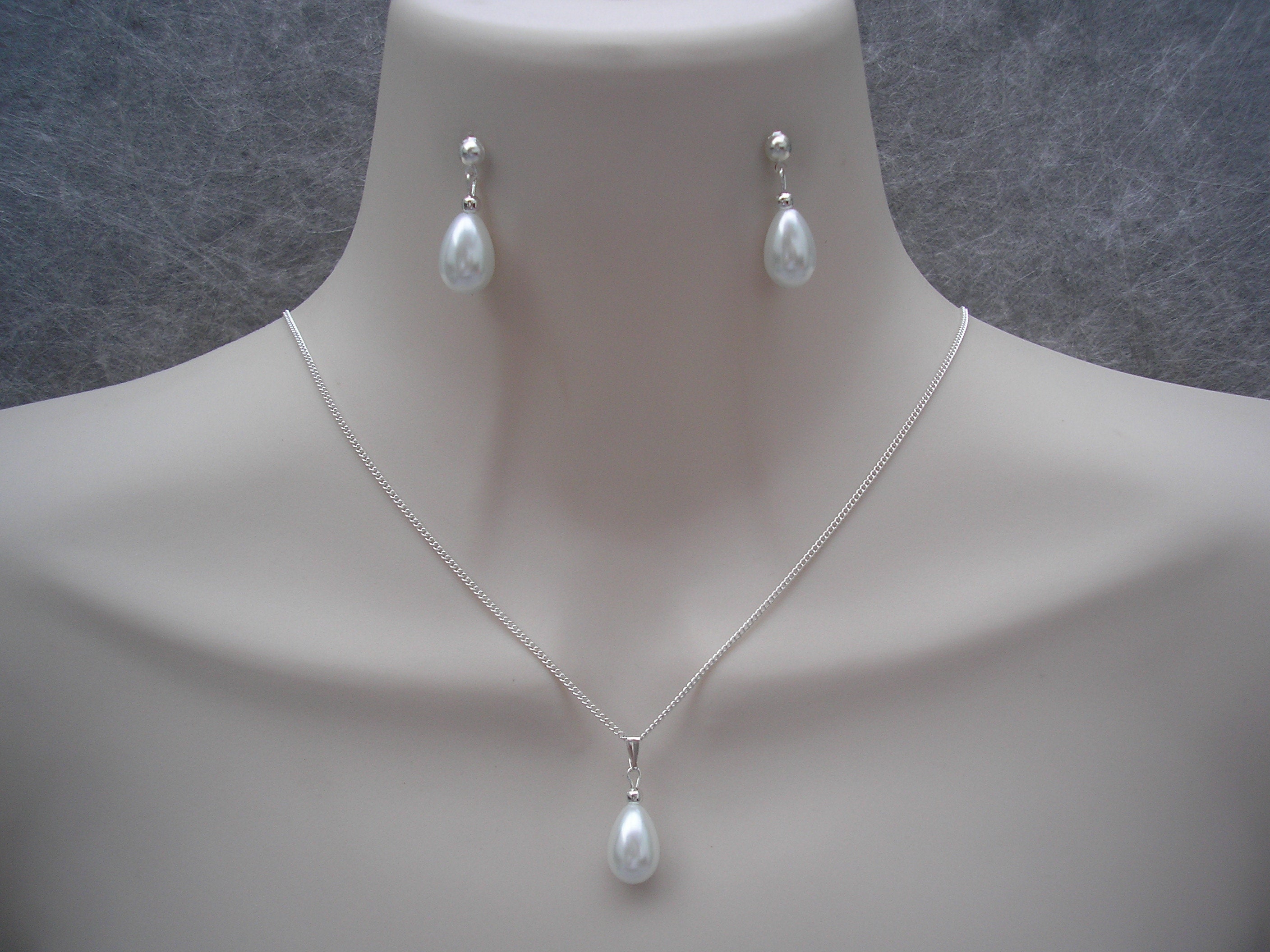 Pearl Teardrop Necklace & Earrings Jewellery Set, Ivory Cream White or ...